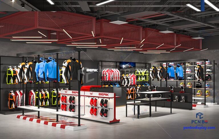 Custom motorcycle gear display fixtures | store interior design - Penbo ...