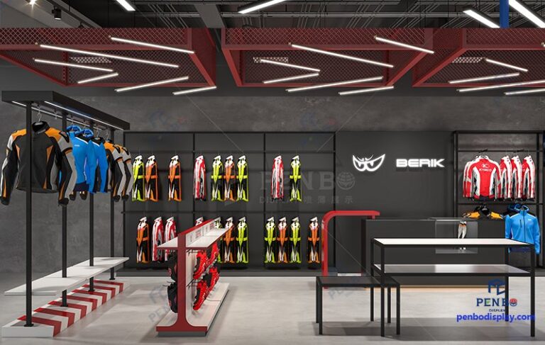 Custom motorcycle gear display fixtures | store interior design - Penbo ...