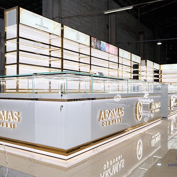 Custom Perfume Display Cabinets with Gold Frame and LED Lighting ...