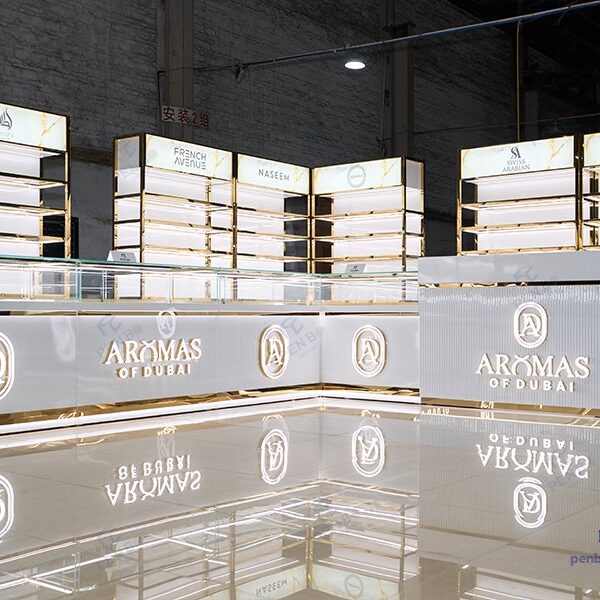 Custom Perfume Display Cabinets with Gold Frame and LED Lighting ...