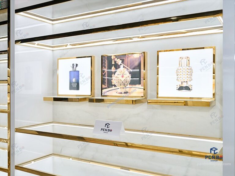 Custom Perfume Display Cabinets for Shops with LED Lightboxes and Gold ...