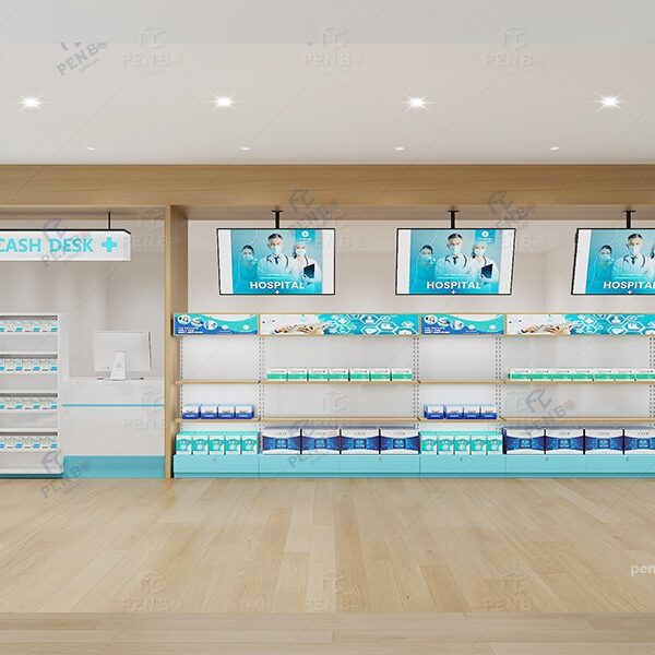 Modern Pharmacy Store Design & Custom Display Shelves for Medical Retail